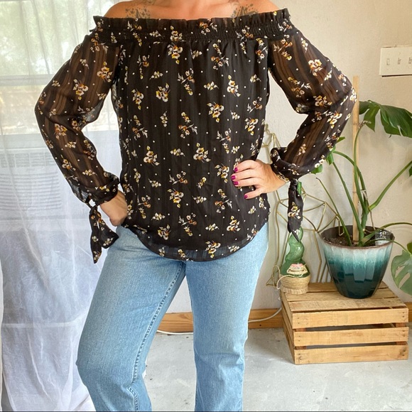 Wayf | Tops | Wayf Boho Floral Black Off The Shoulder Semi Sheer Blouse ...